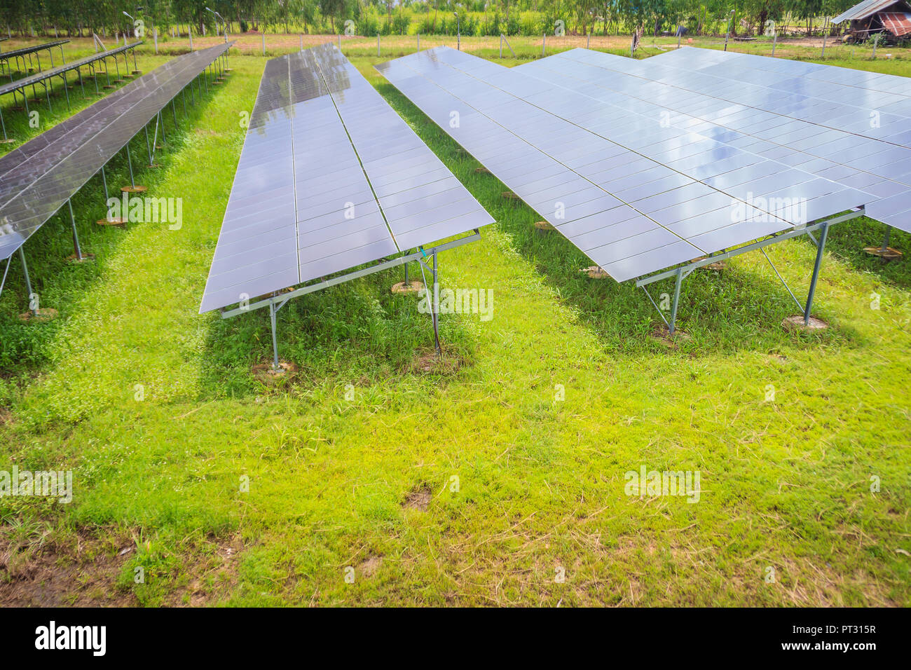 Solar cells (photovoltaic panel) with the reflection of sunlight, blue ...