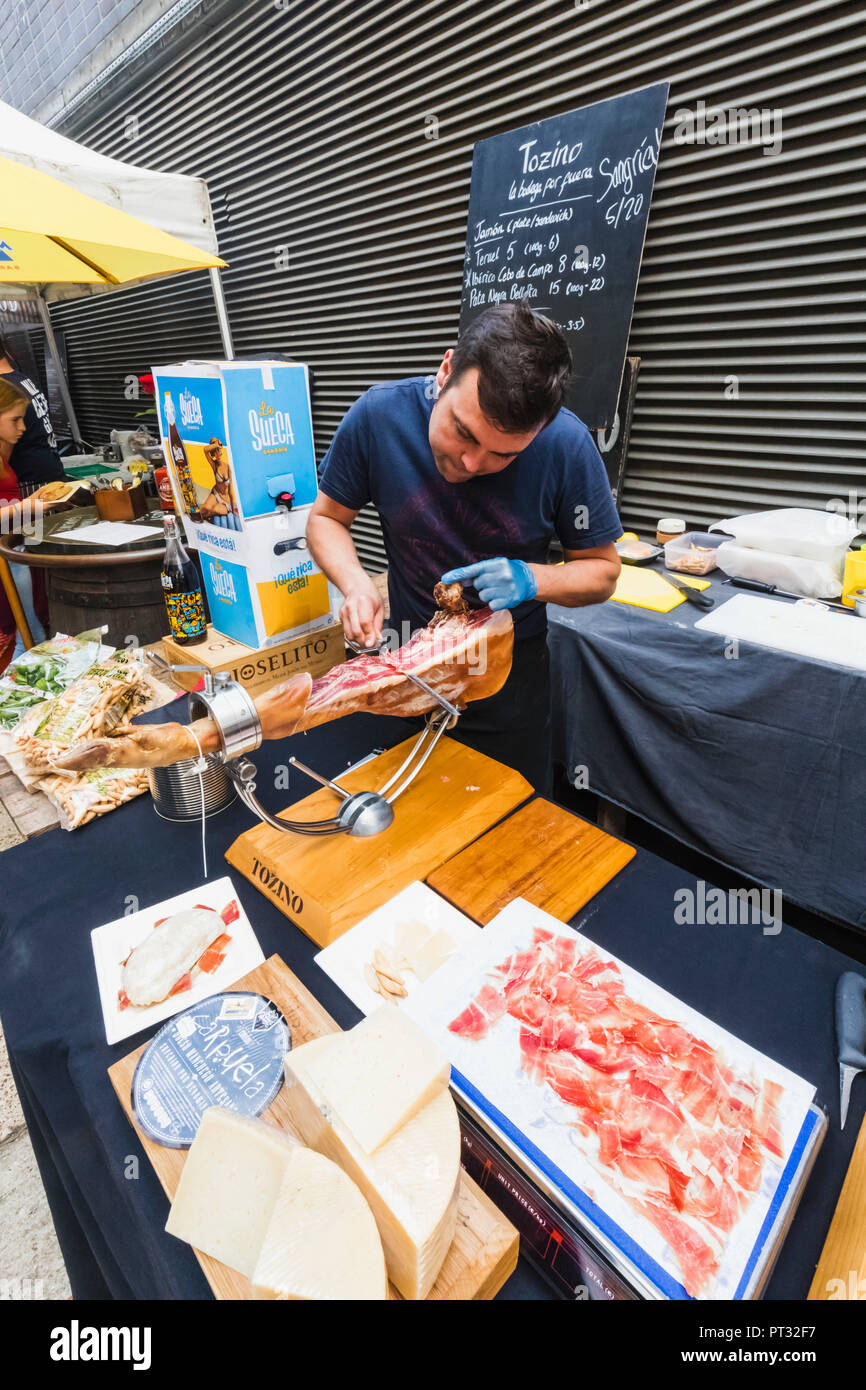 England, London, Bermondsey, Maltby Street Market, Spanish Jamon Vendor ...