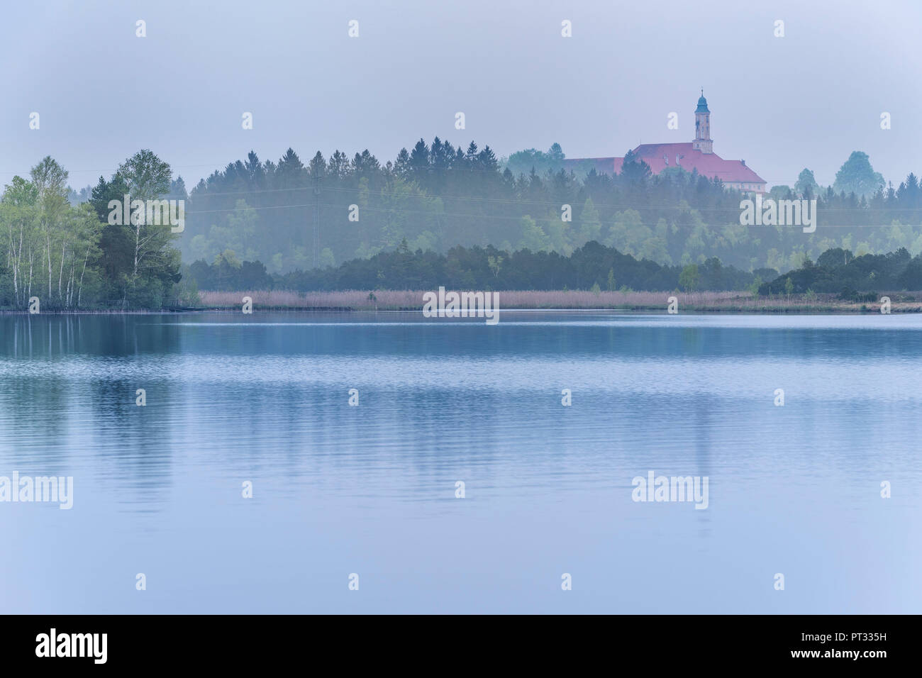 Sachsenkam, Bavaria, Germany, Europe, The Kirchsee and the Monastery ...