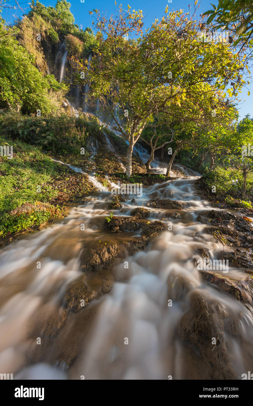 Water stream flow from the hilltop to form Tararak waterfall in Tak ...