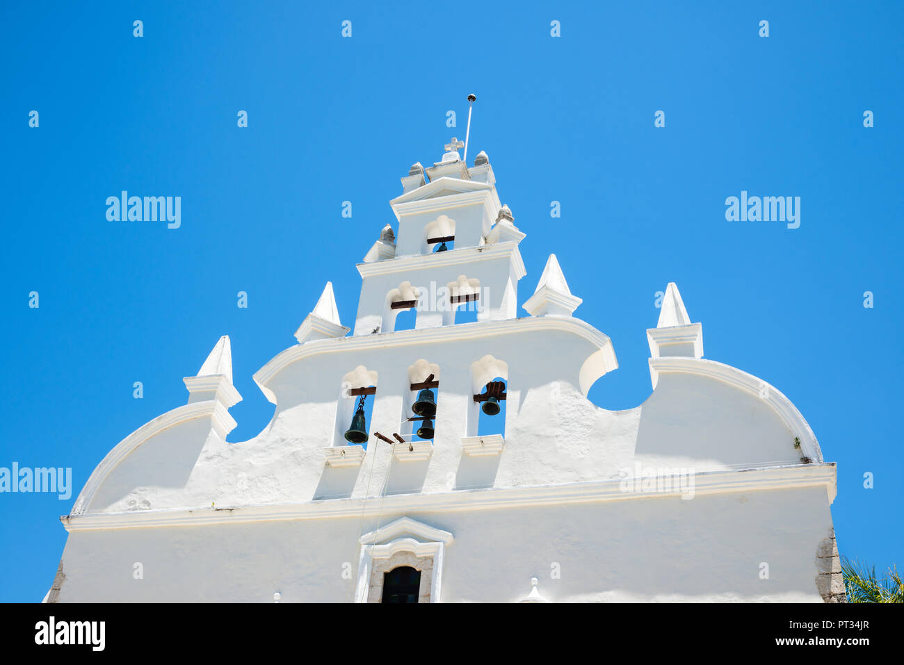 White facade of Santiago Apostol Church in Merida, Mexico Stock Photo ...