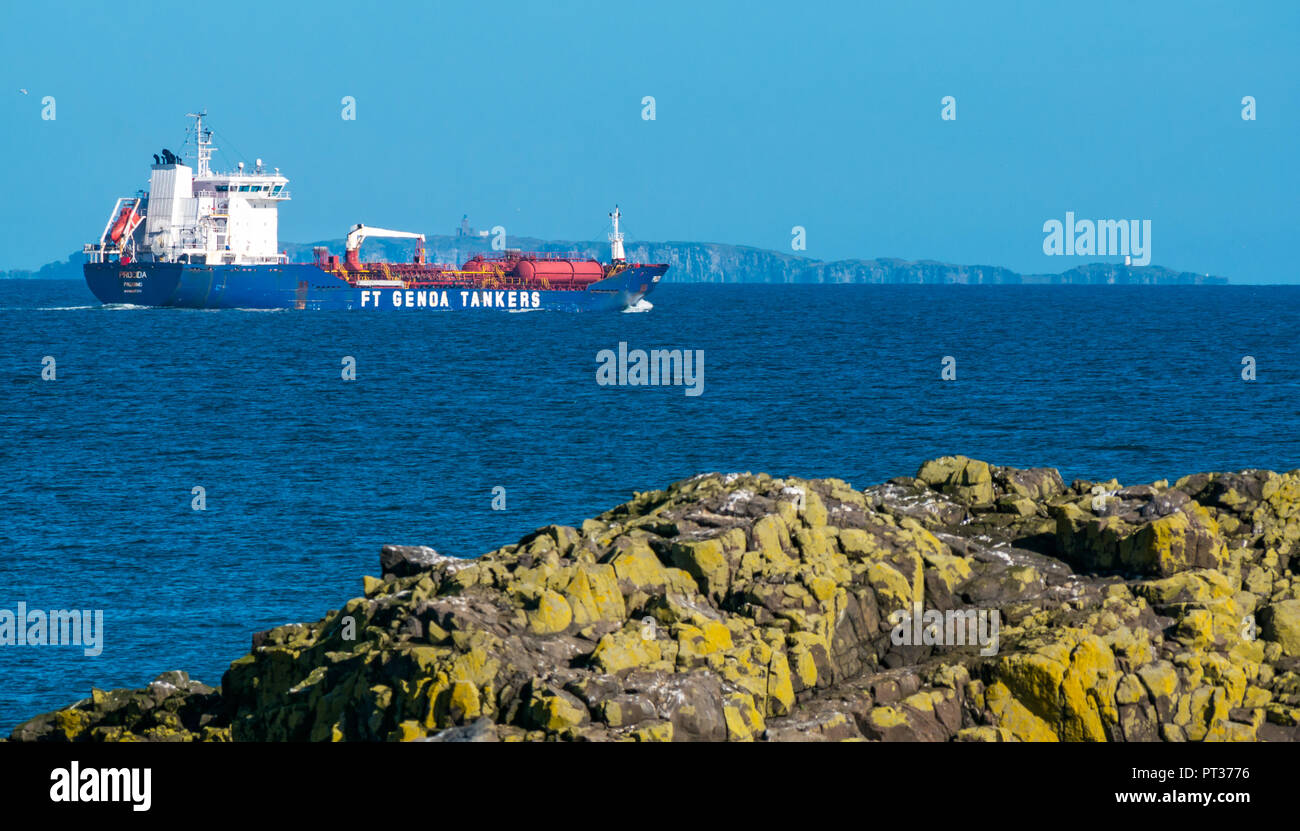 Procida oil and chemical tanker seen from Fidra Island with Isle of May ...