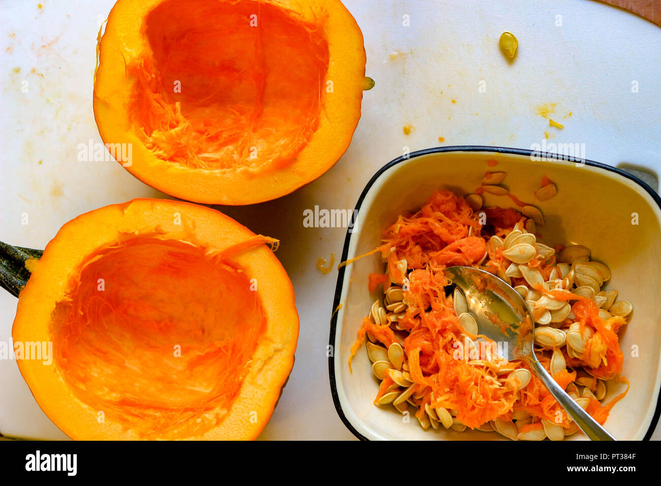 Pumpkin innards closeup showing the empty pumpkin next to it Stock ...