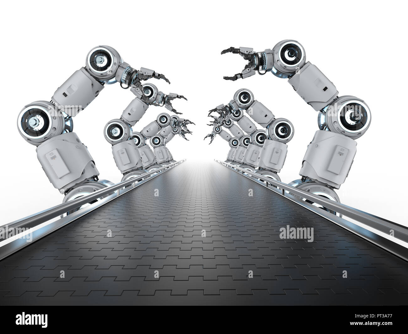 Automation industry concept with 3d rendering robot assembly line in ...