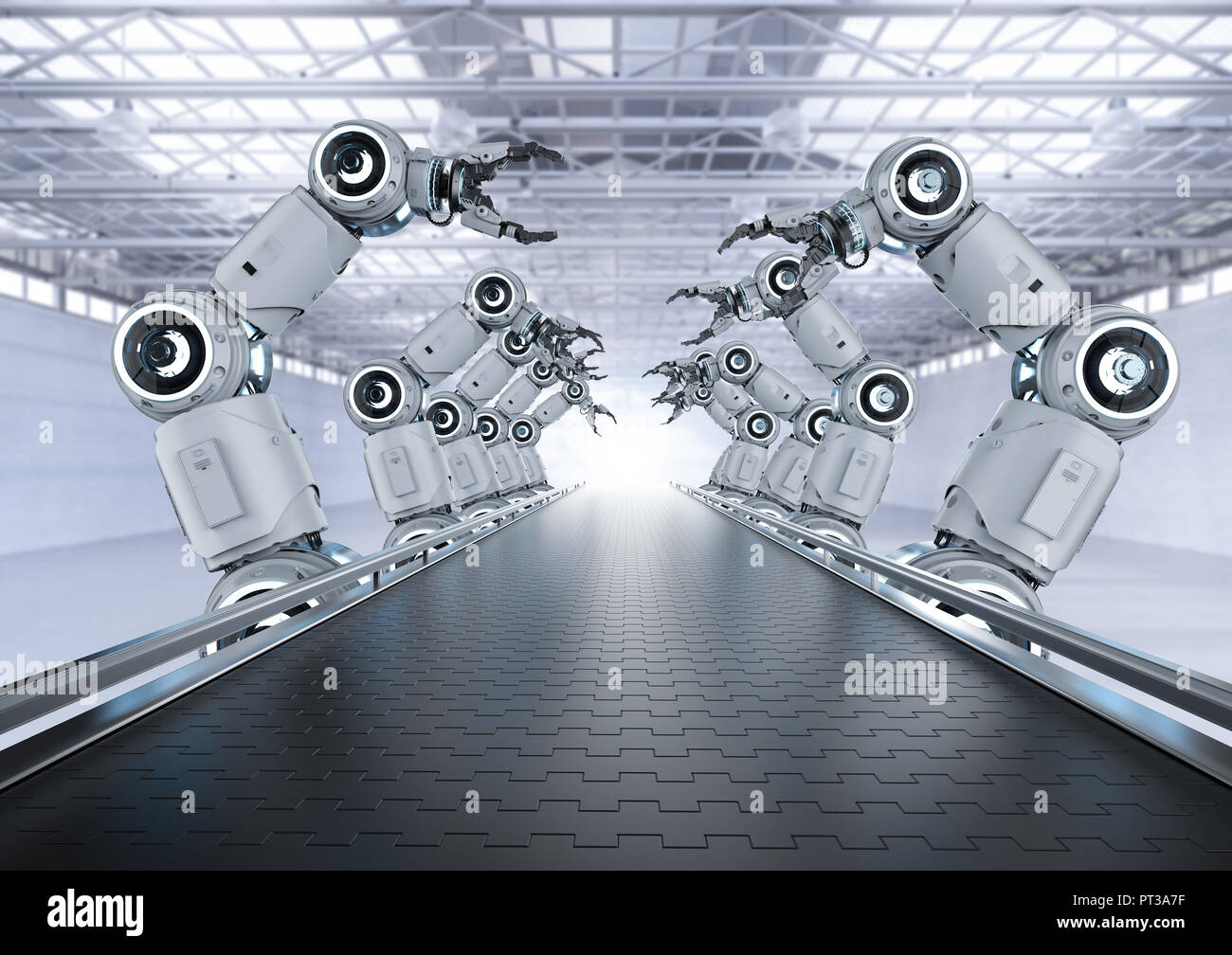 Automation industry concept with 3d rendering robot assembly line in ...