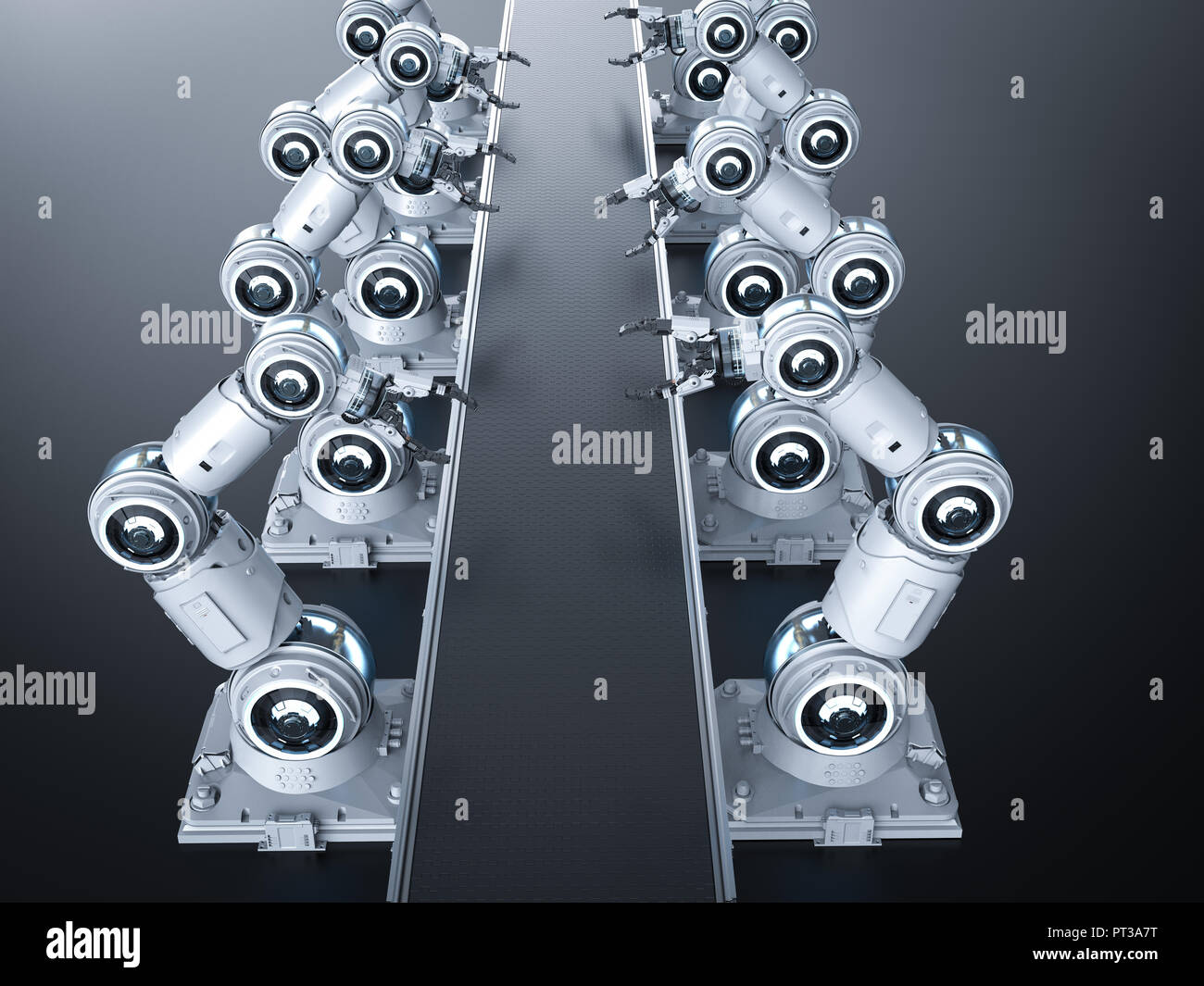 Automation industry concept with 3d rendering robot assembly line in ...