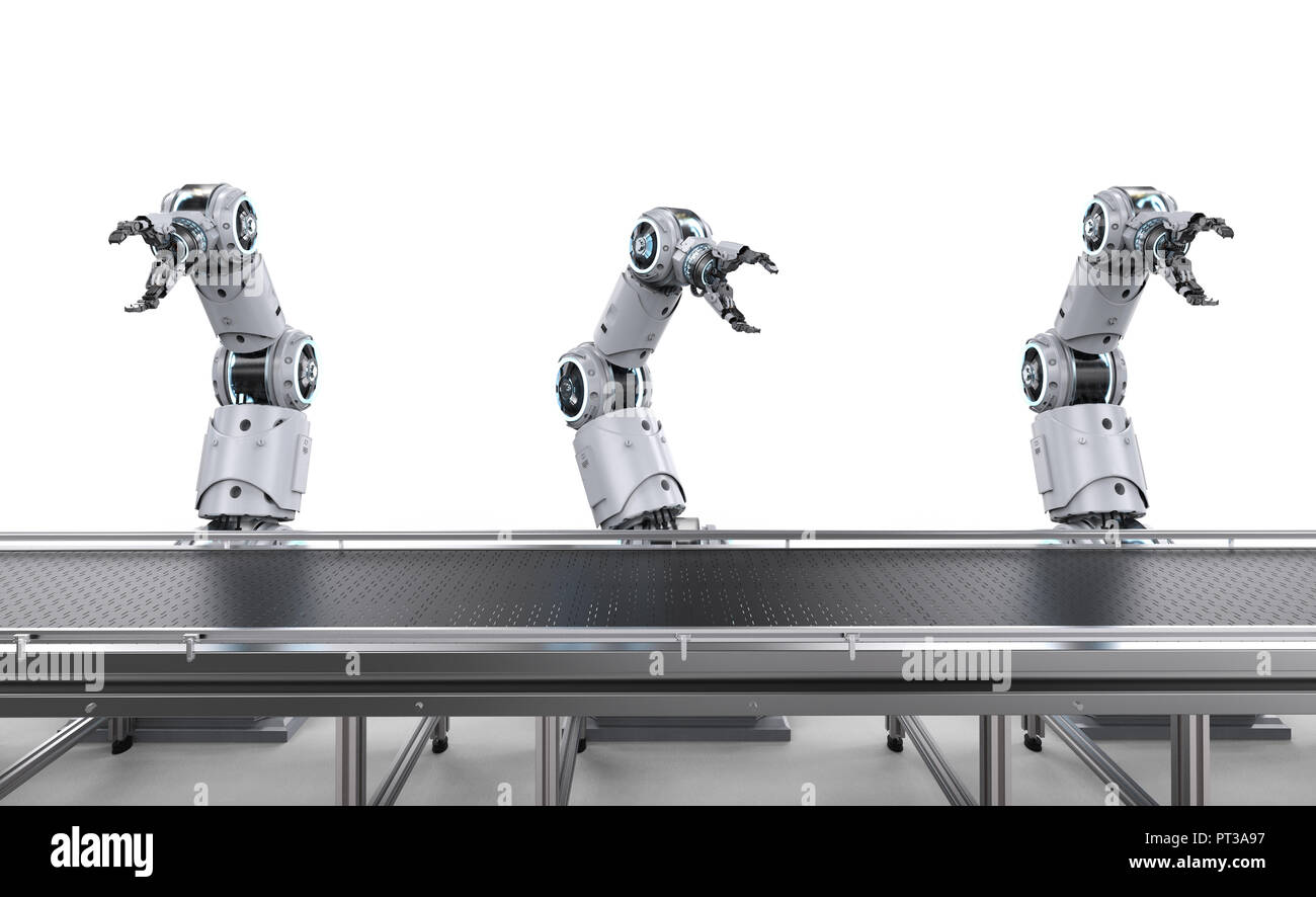 Automation industry concept with 3d rendering robot assembly line in ...
