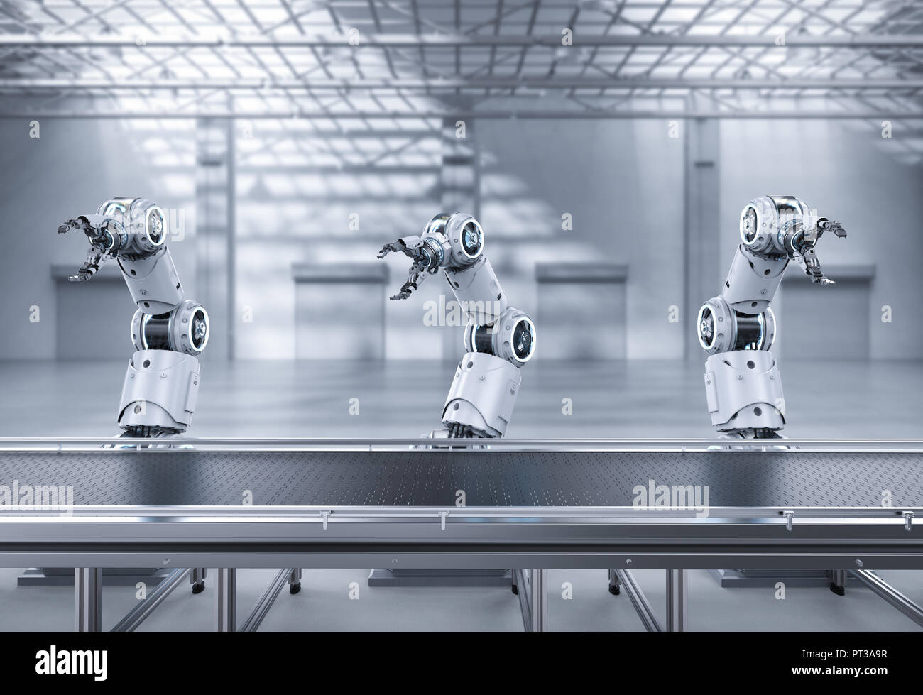 Automation industry concept with 3d rendering robot assembly line in ...