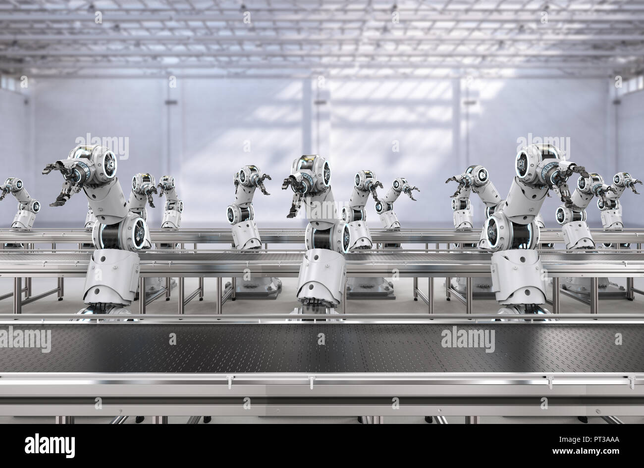 Automation industry concept with 3d rendering robot assembly line in ...