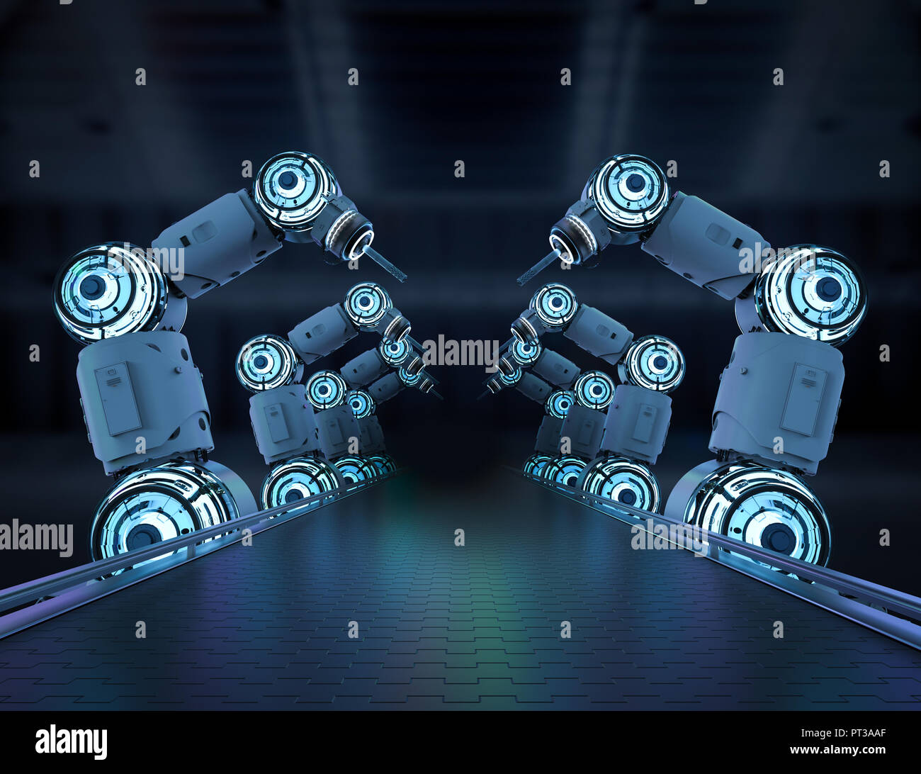 Automation industry concept with 3d rendering robot assembly line in ...