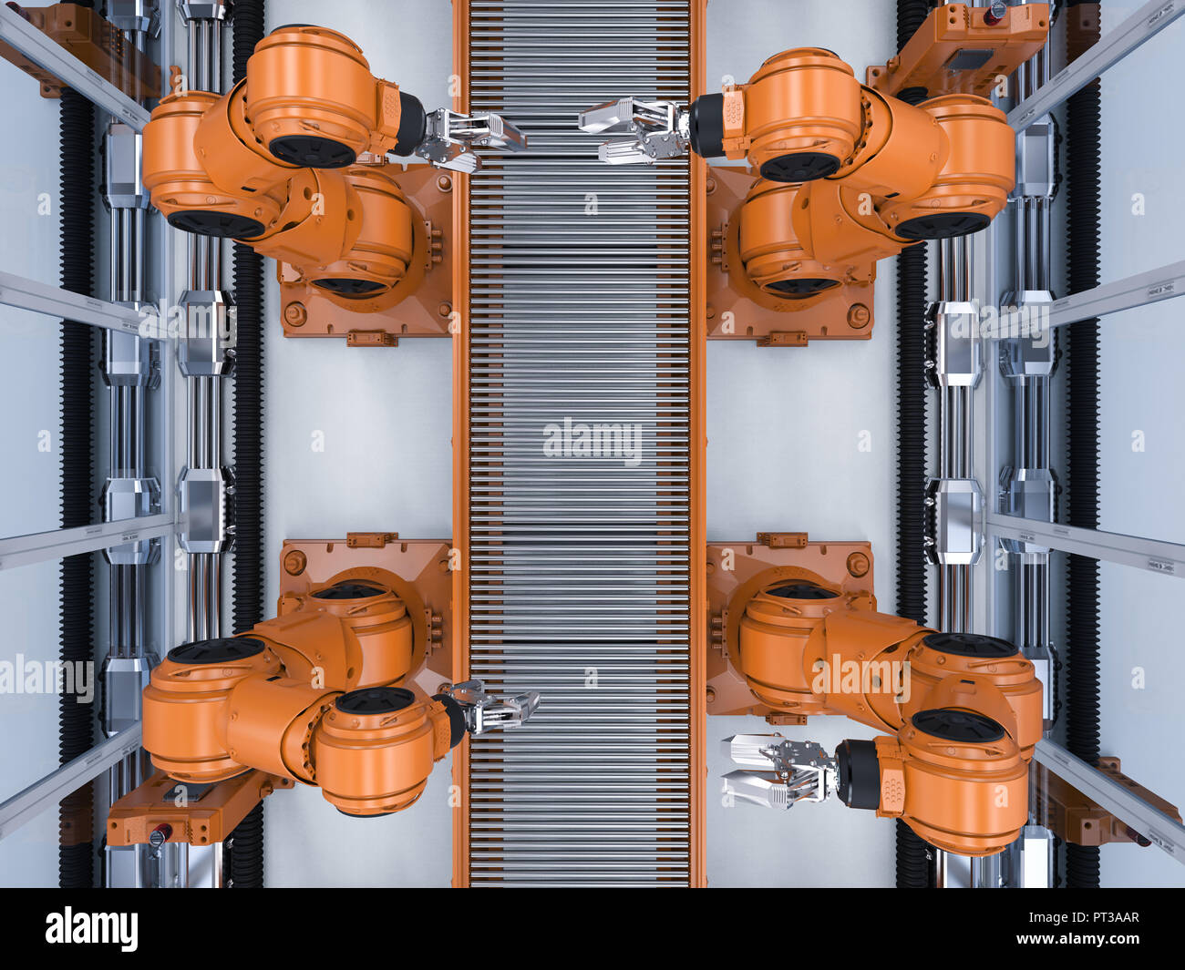 Automation industry concept with 3d rendering robot assembly line in ...