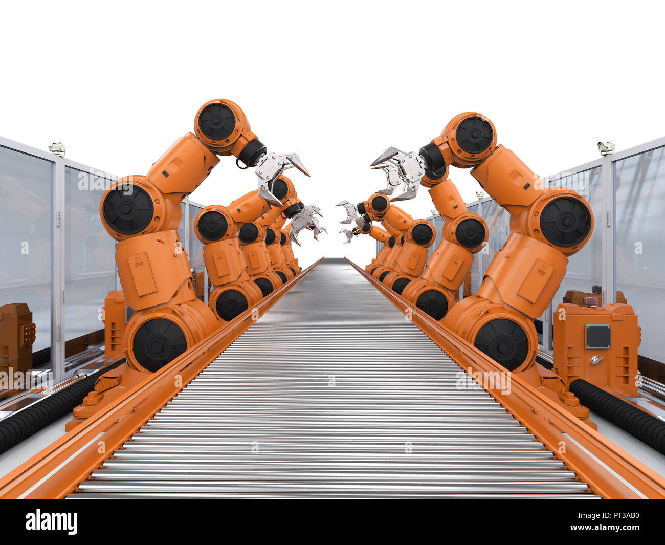 Automation industry concept with 3d rendering robot assembly line in ...
