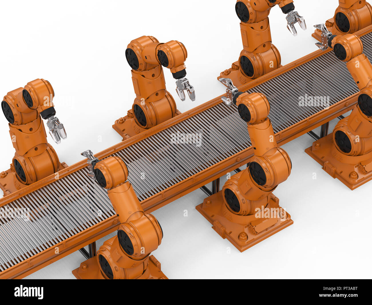 Automation industry concept with 3d rendering robot assembly line in ...