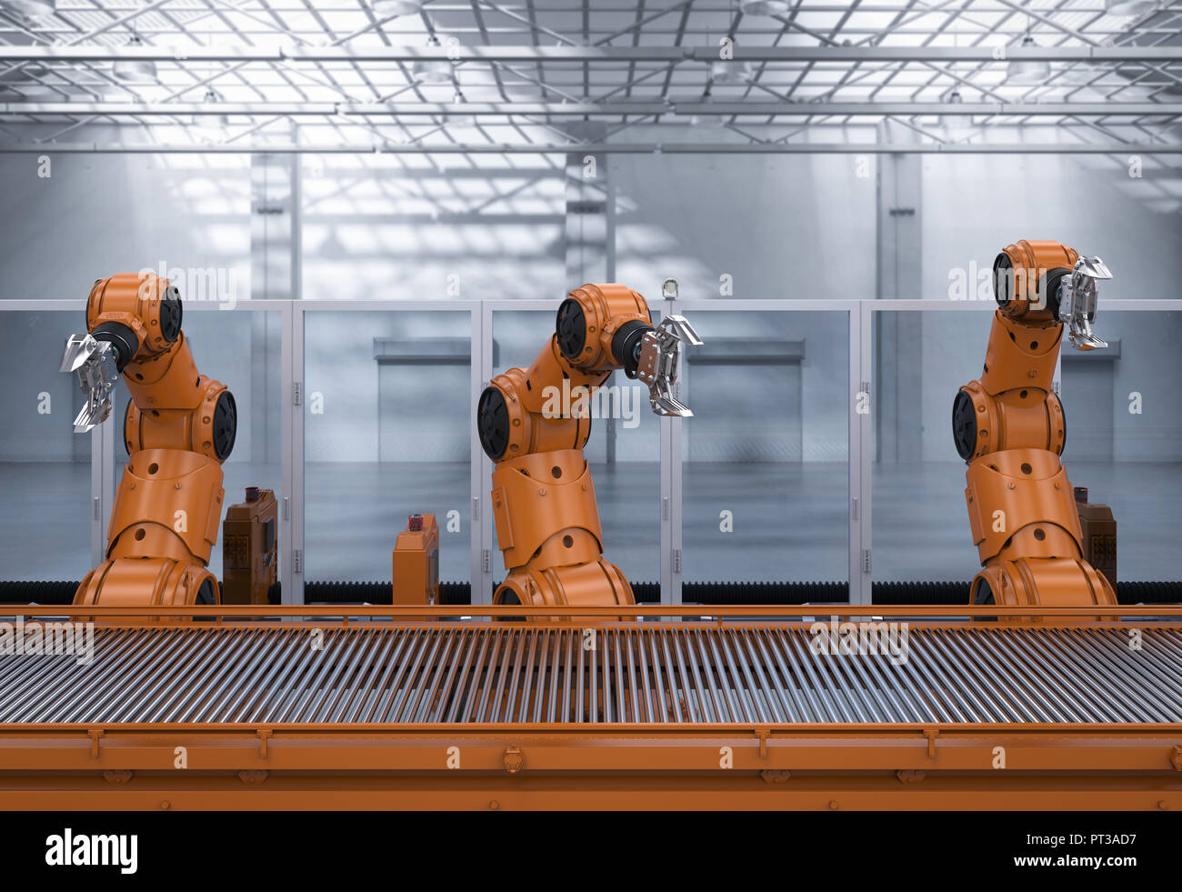 Automation industry concept with 3d rendering robot assembly line in ...