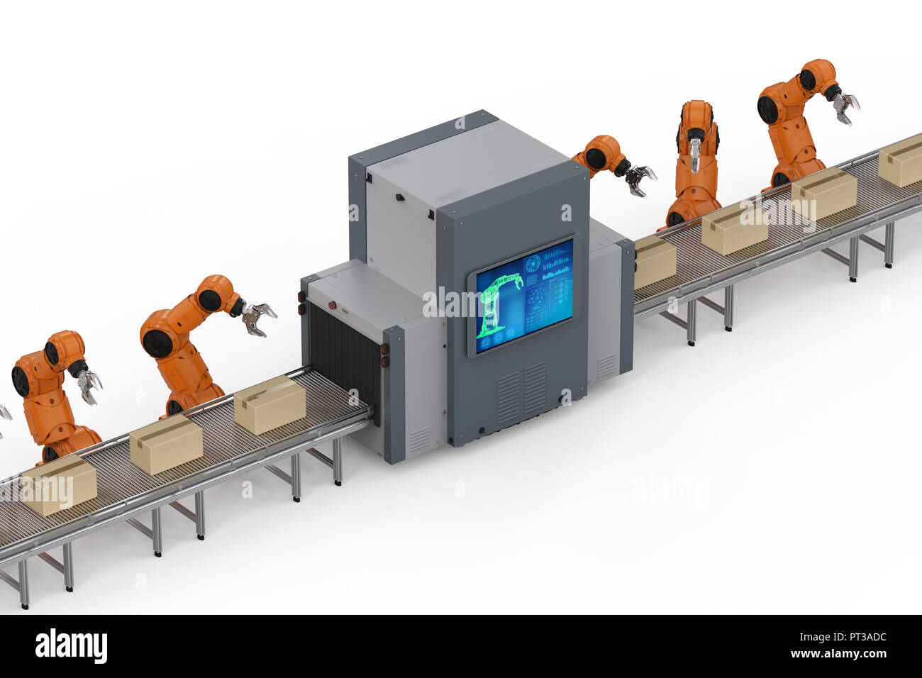 Automation industry concept with 3d rendering robot assembly line in factory Stock Photo - Alamy