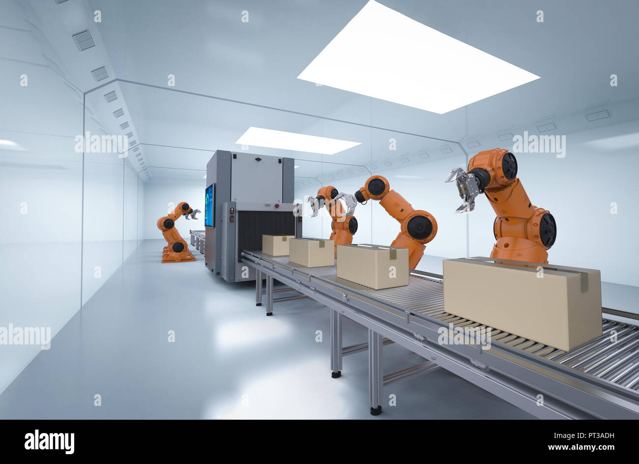 Automation industry concept with 3d rendering robot assembly line in ...