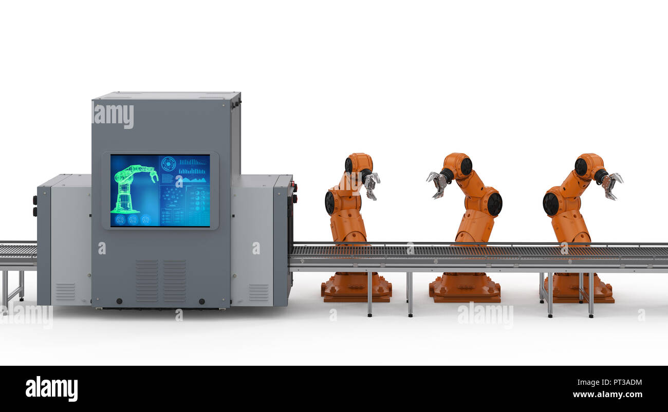Automation industry concept with 3d rendering robot assembly line in ...