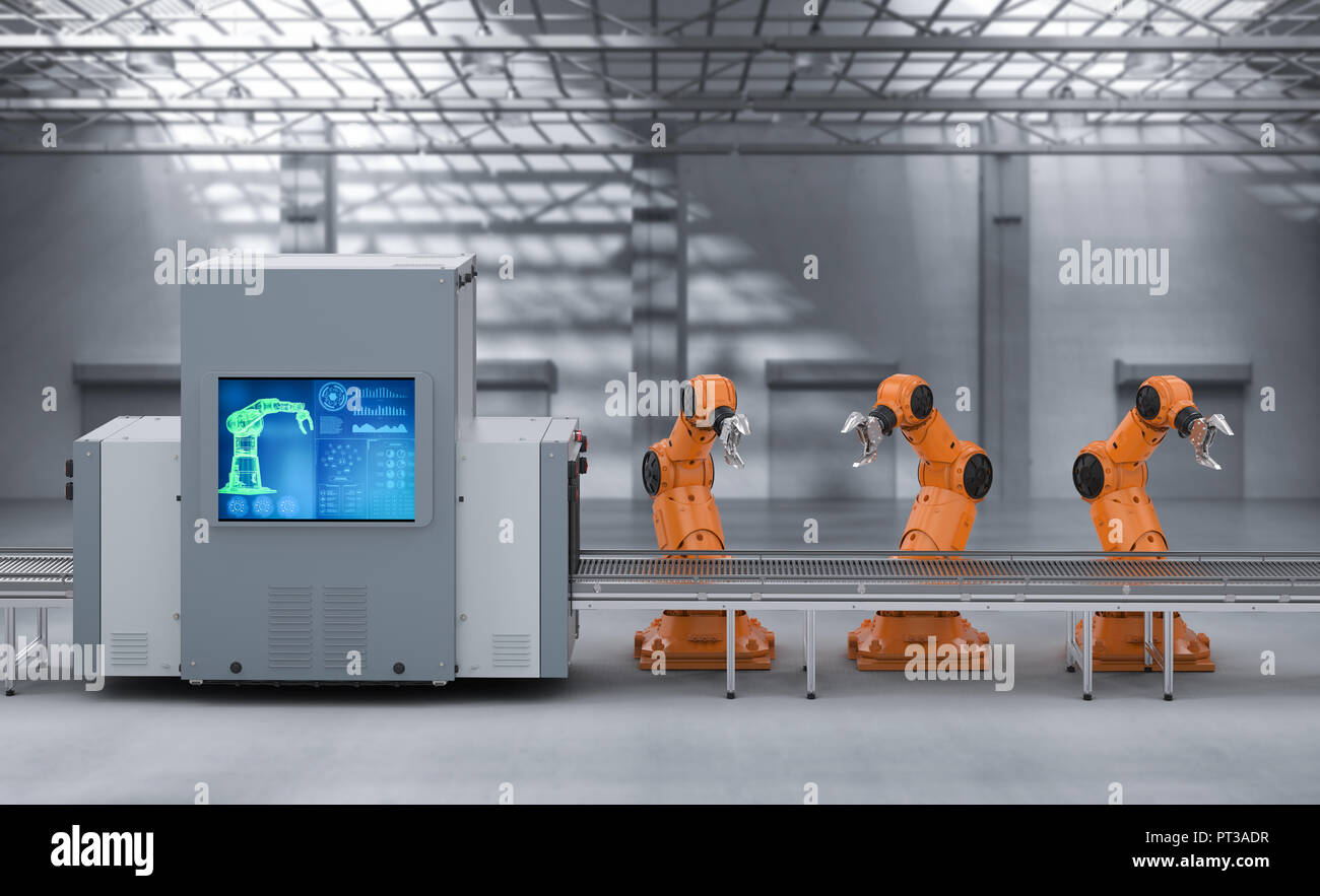 Automation industry concept with 3d rendering robot assembly line in ...
