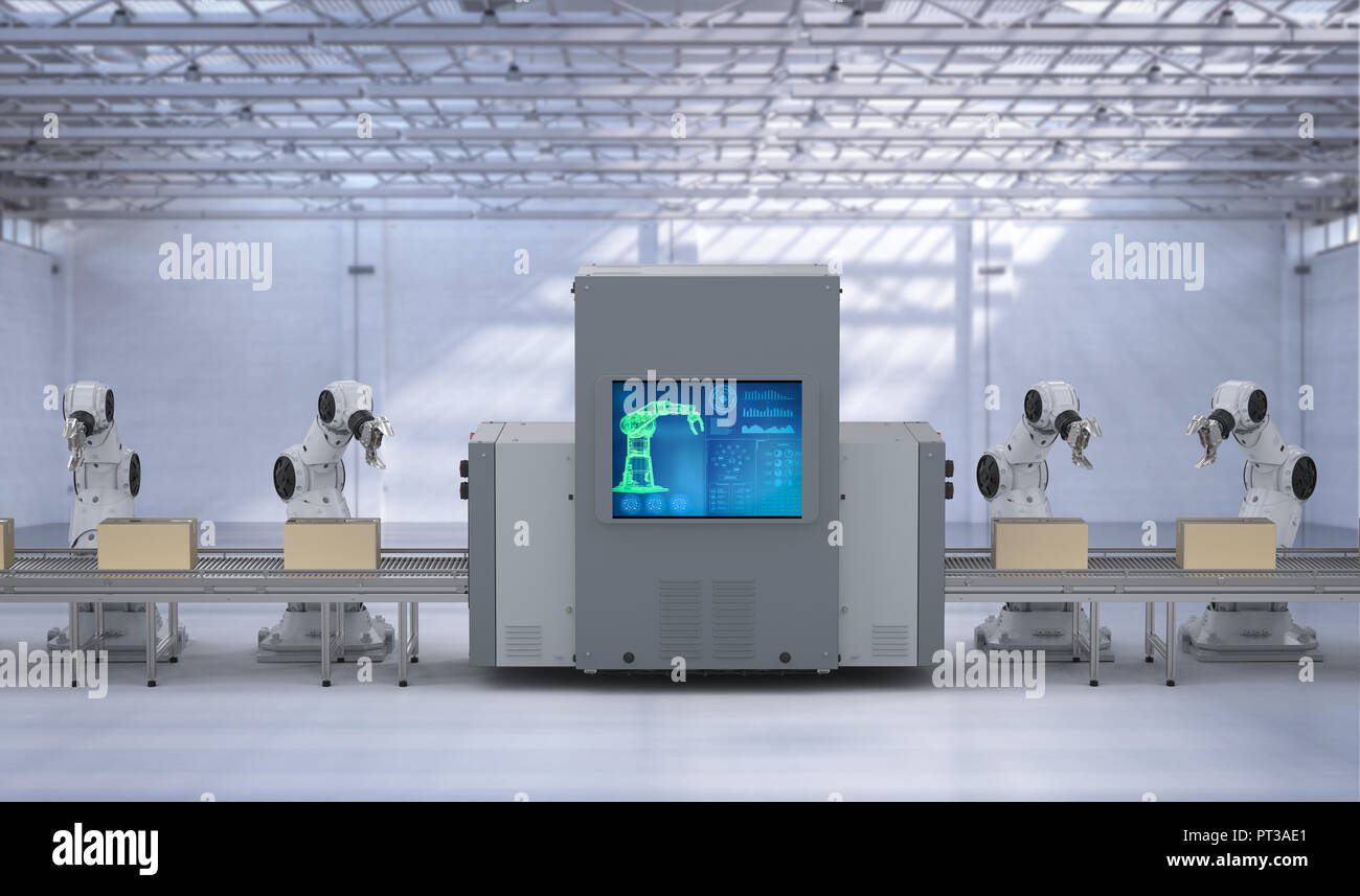 Automation industry concept with 3d rendering robot assembly line in ...