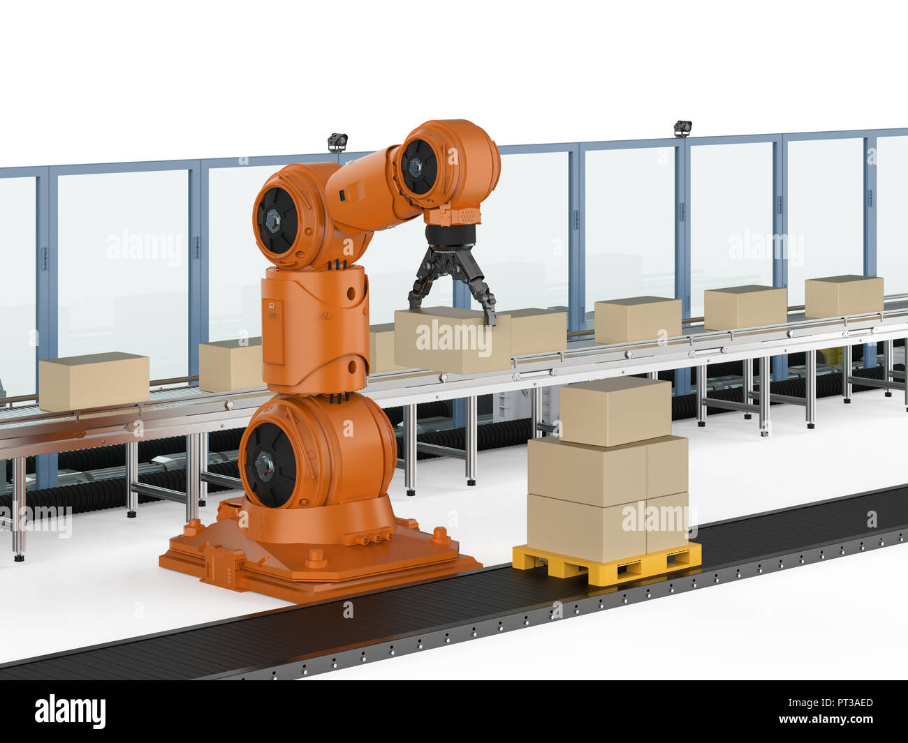 Automation industry concept with 3d rendering robot arm with cardboard boxes on conveyor belt ...