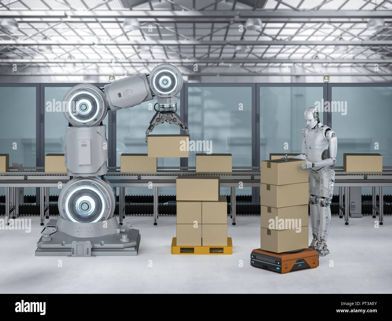 Automation industry concept with 3d rendering robot arm with cardboard boxes on conveyor belt ...
