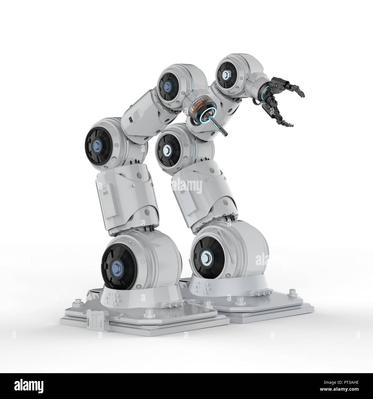 Automation industry concept with 3d rendering robot arms on white ...