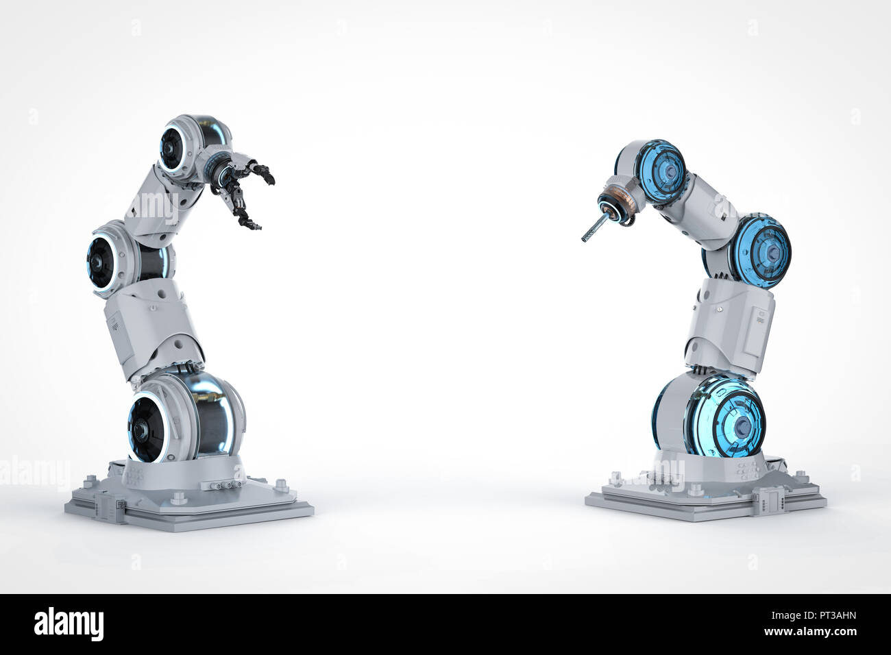 Automation industry concept with 3d rendering robot arms on white ...