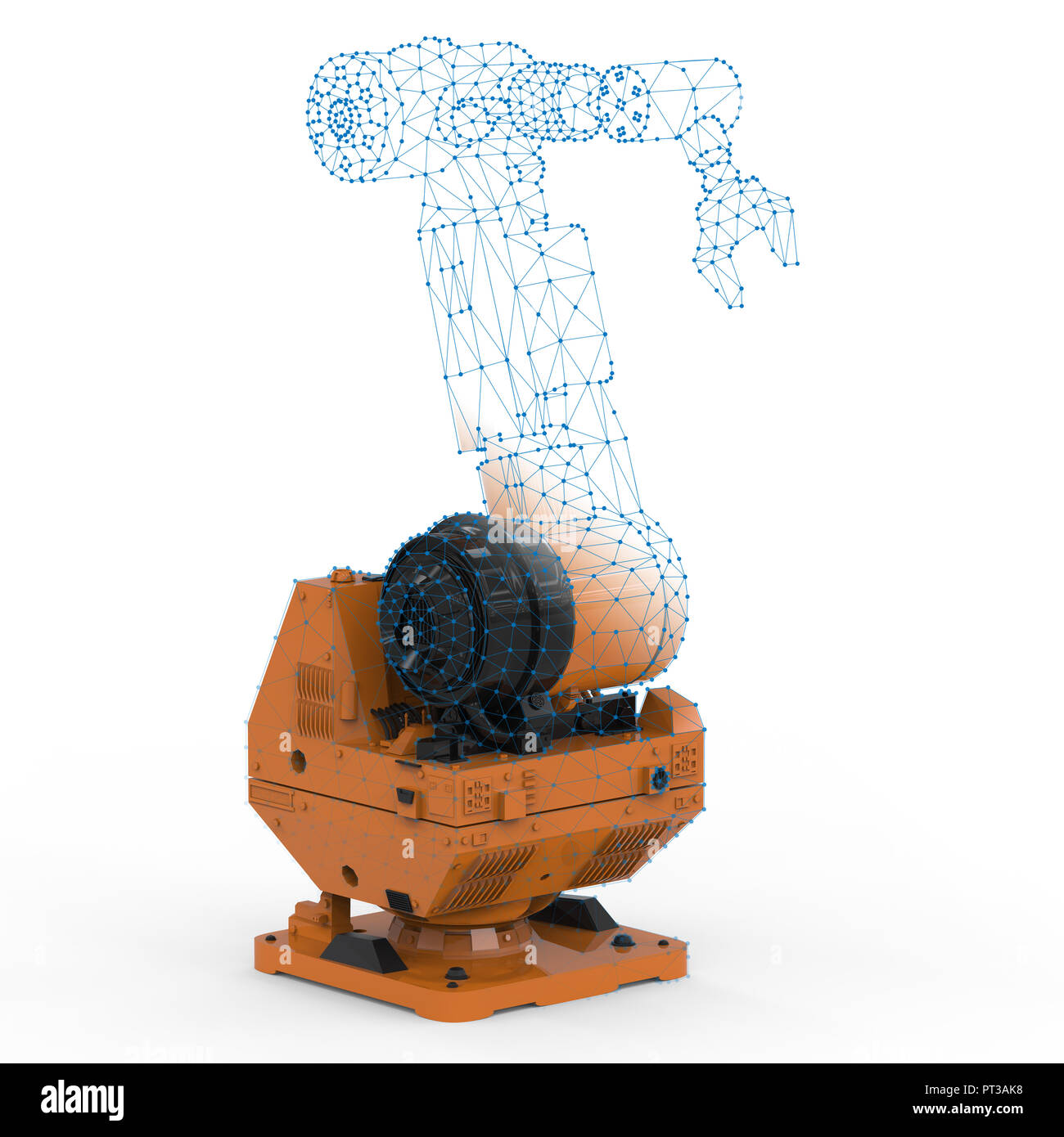 Automation industry concept with 3d rendering robot arm with wireframe ...