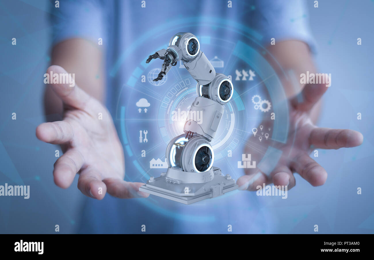 Automation industry concept with human hand present 3d rendering robot ...