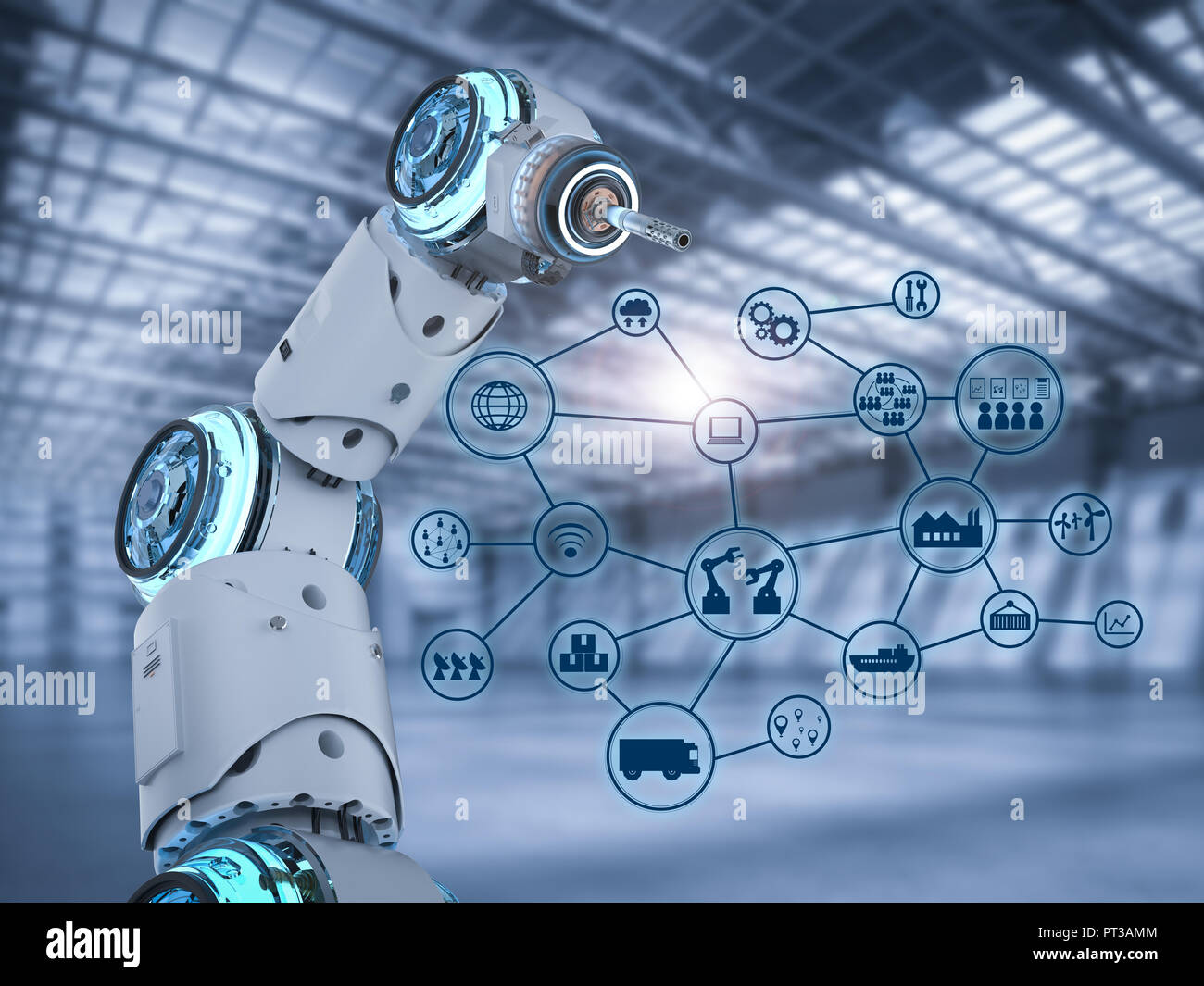 Automation industry concept with 3d rendering robot assembly line in ...