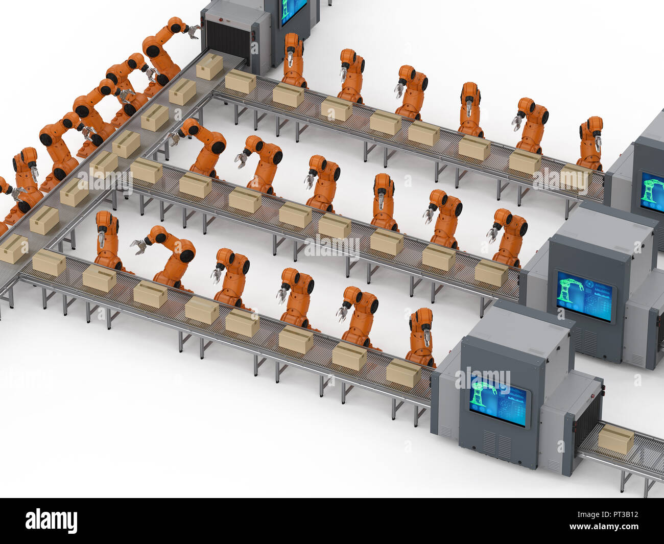 Automation industry concept with 3d rendering robot assembly line in ...