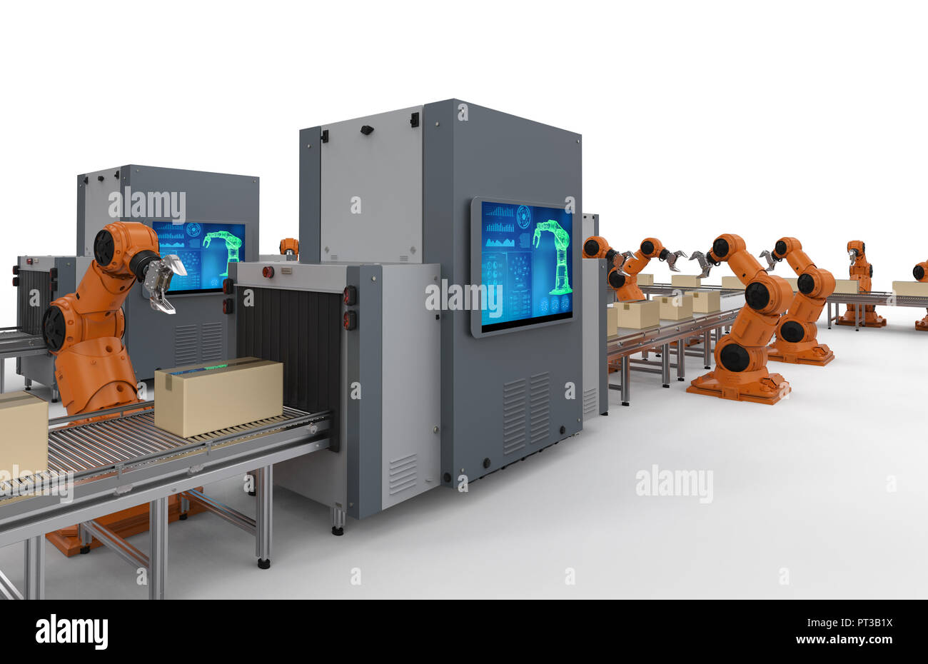 Automation industry concept with 3d rendering robot assembly line in ...