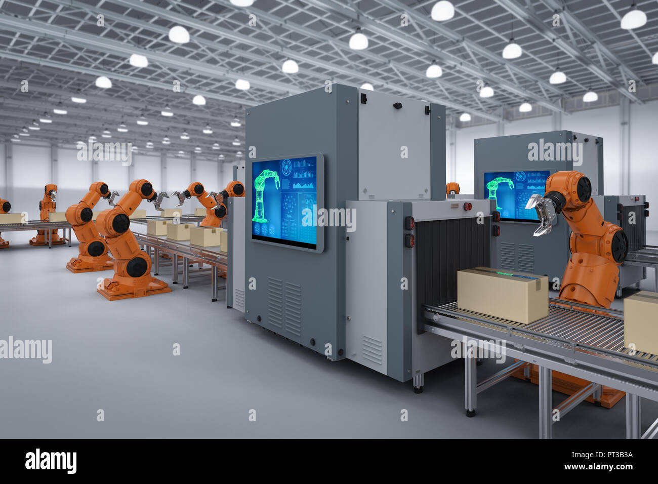 Automation industry concept with 3d rendering robot assembly line in factory Stock Photo - Alamy