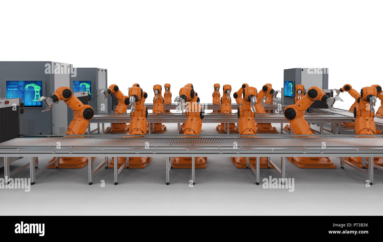 Automation industry concept with 3d rendering robot assembly line in factory Stock Photo - Alamy