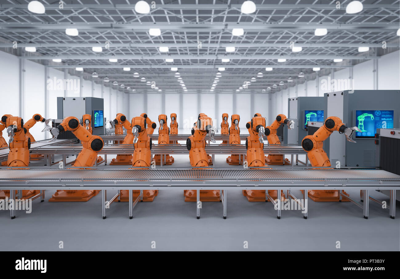 Automation industry concept with 3d rendering robot assembly line in factory Stock Photo - Alamy