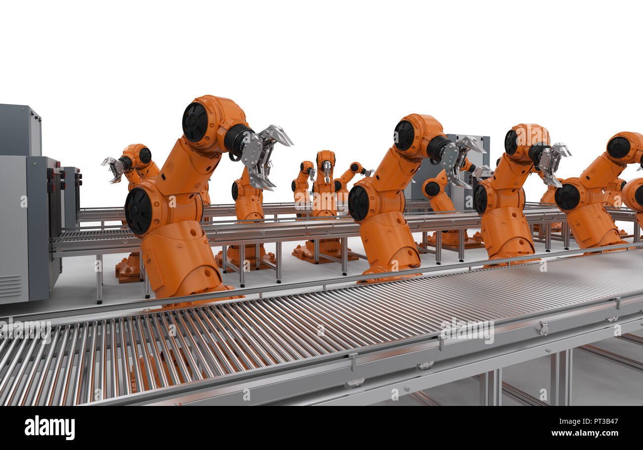 Automation industry concept with 3d rendering robot assembly line in ...