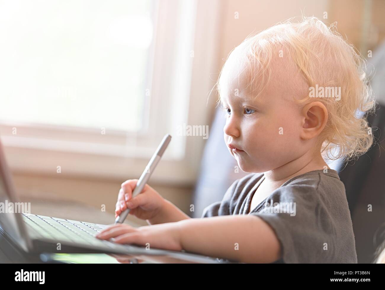 Baby playing with laptop computer Stock Photo - Alamy
