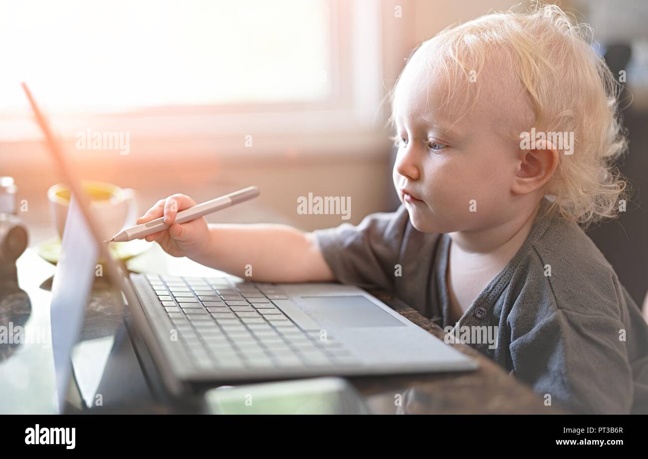 Baby playing with laptop computer Stock Photo - Alamy