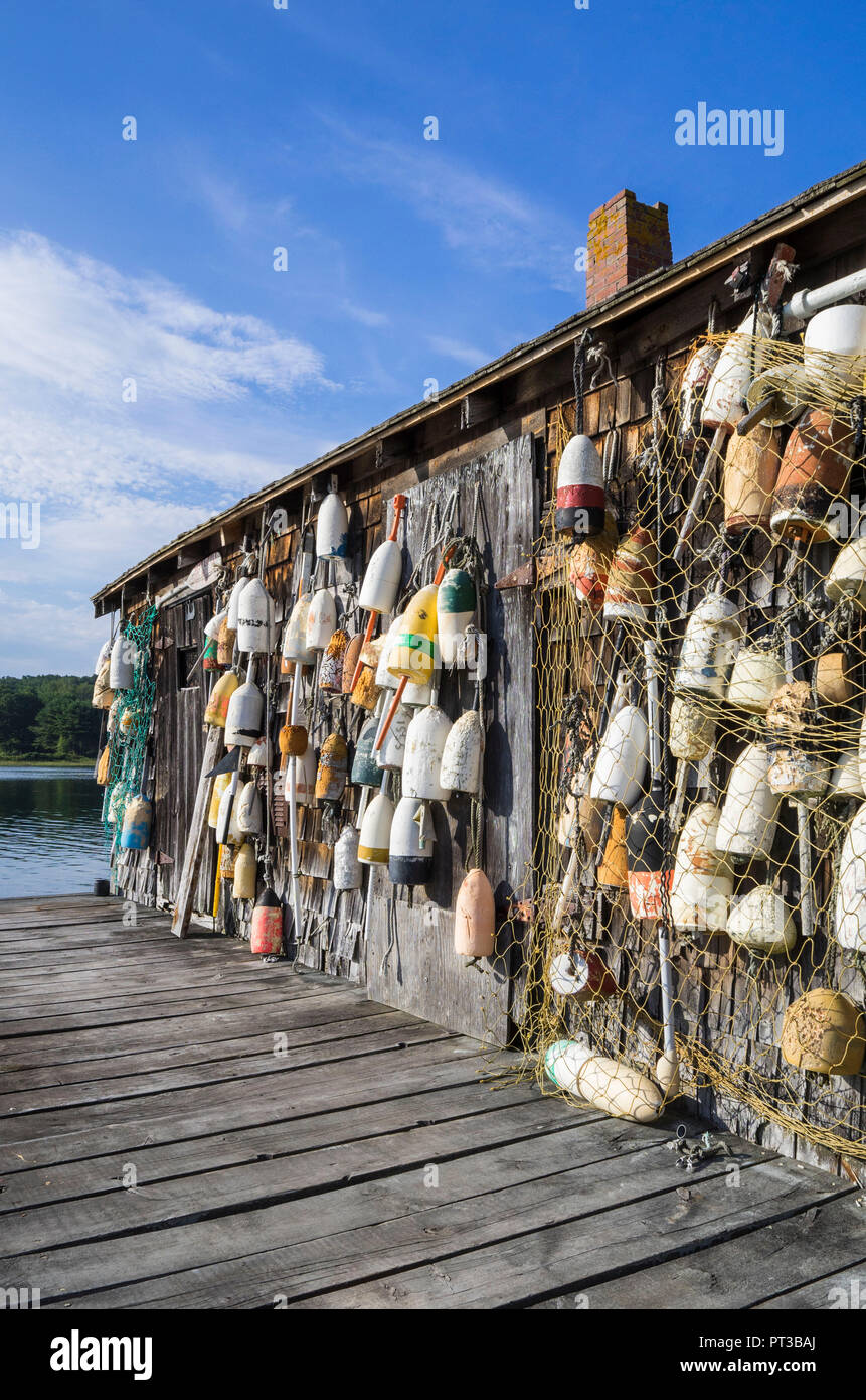 USA, New England, Maine, Cape Neddick, lobster shack with buoys Stock ...