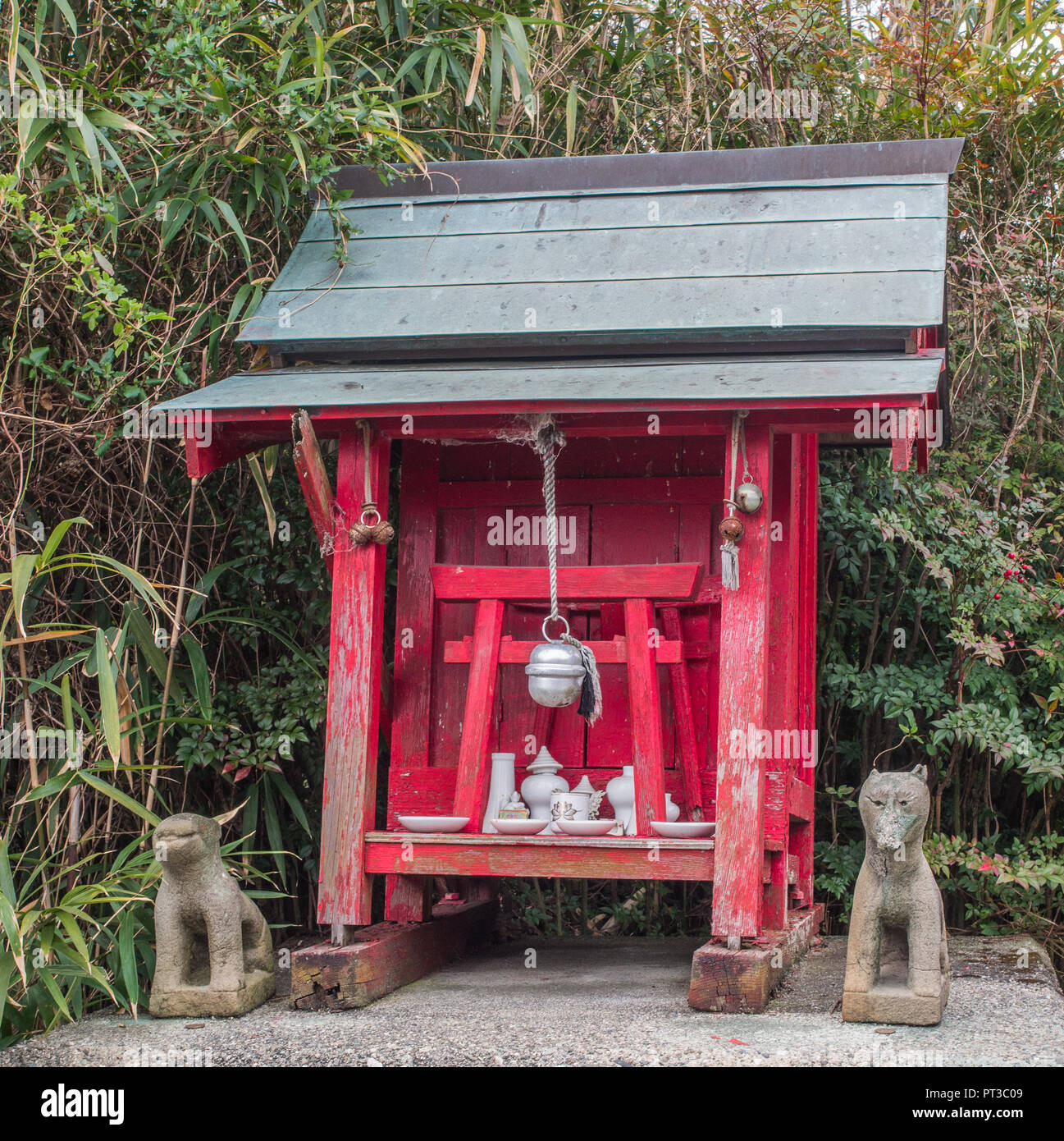 Shinto roadside Inari shrine, with kitsune fox guardians, near ...
