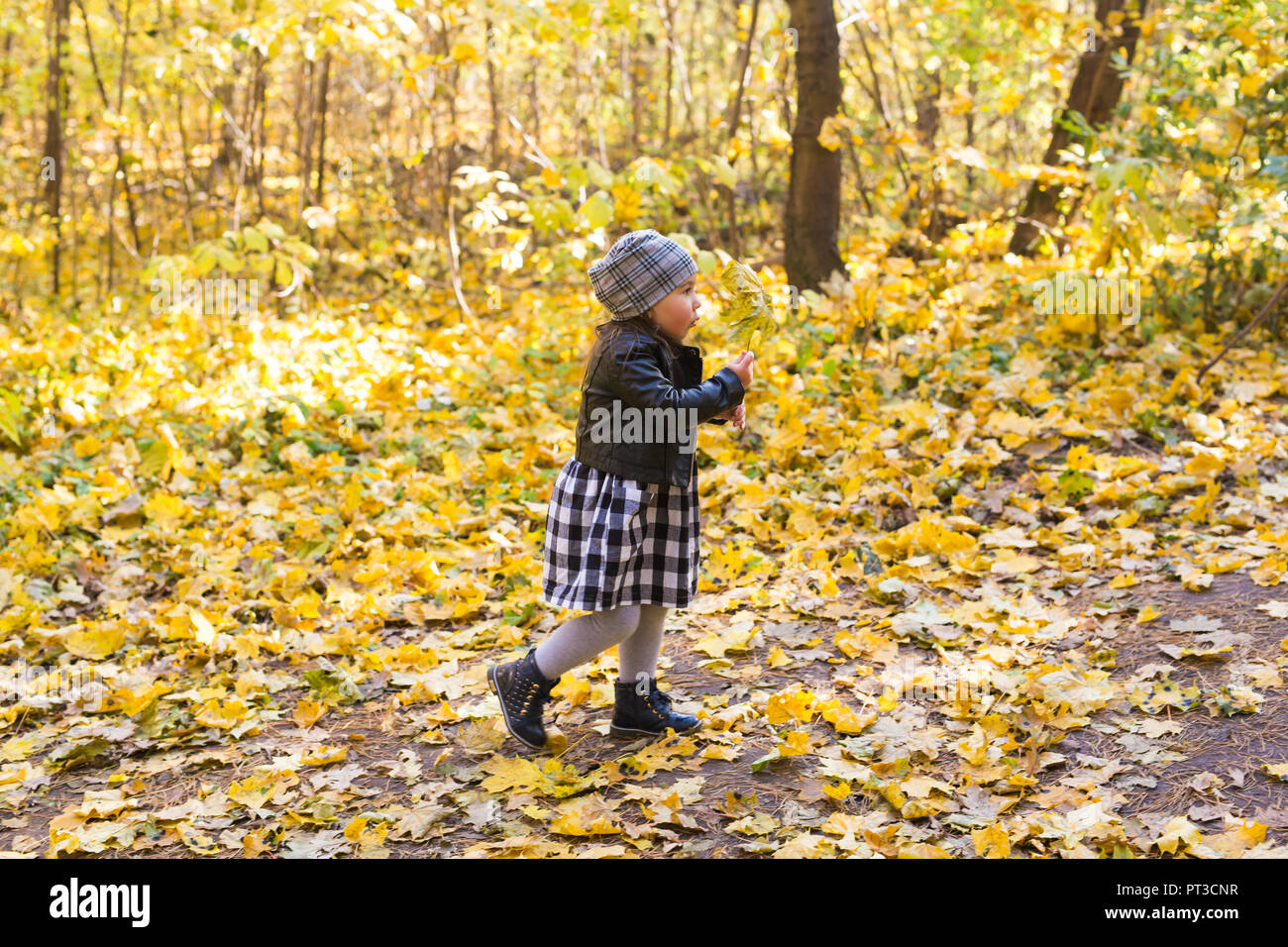 Children, fall, people concept - young child walking in autumn park and ...