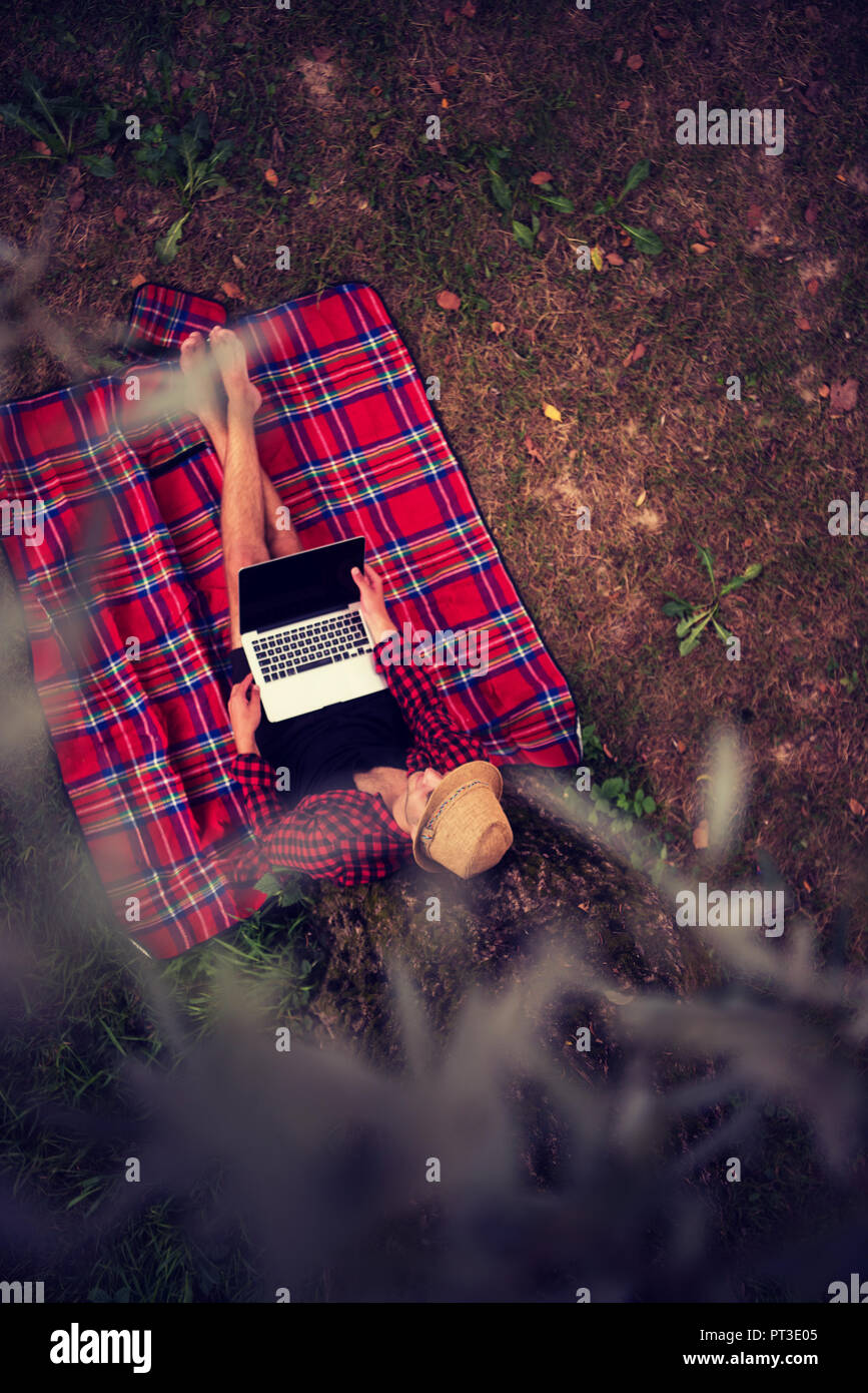 A young freelancer using a laptop computer while working in beautiful ...