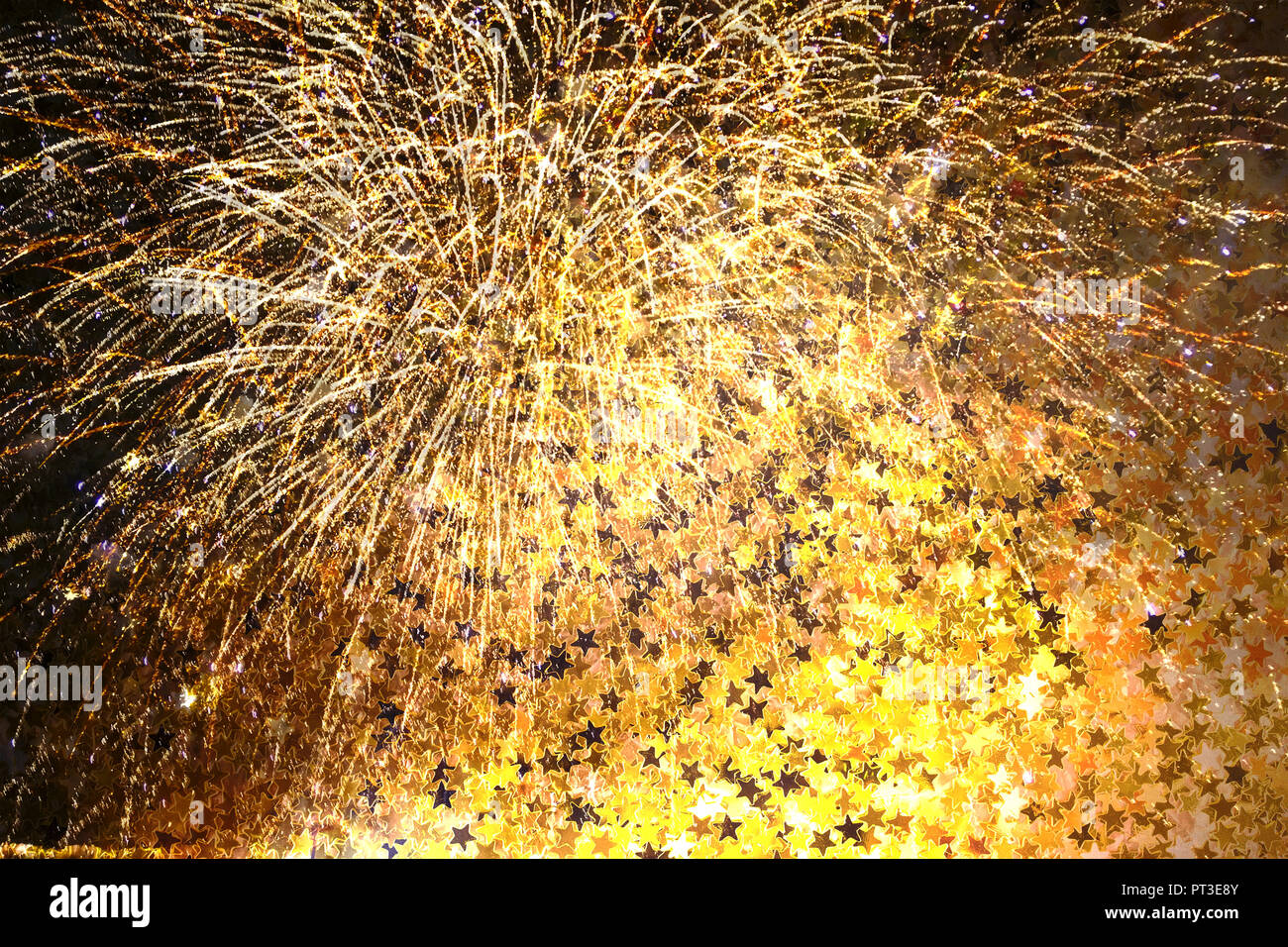 double exposure festive background with fireworks and star confetti ...