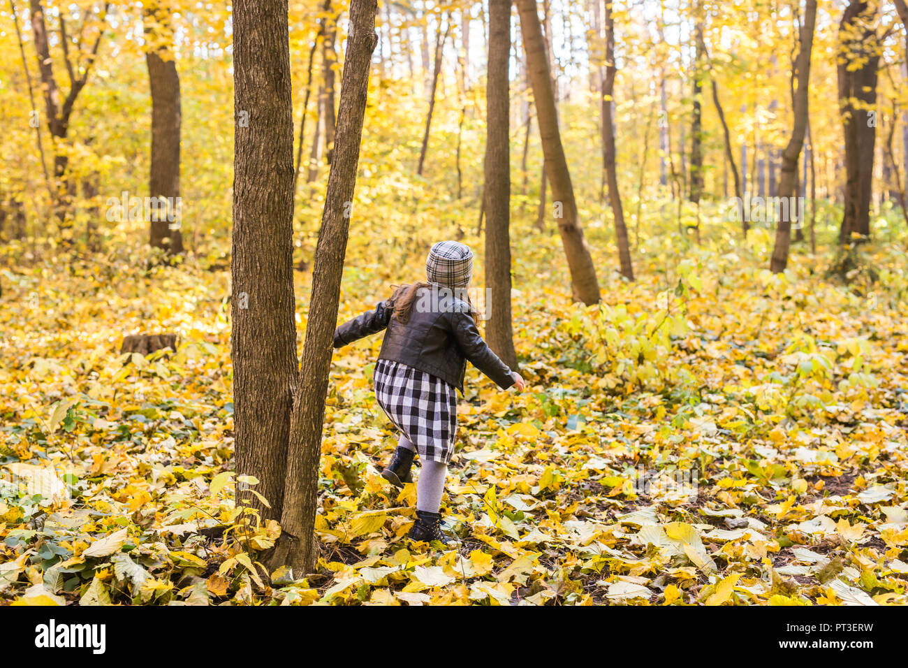 Children, fall, people concept - young child walking in autumn park and ...