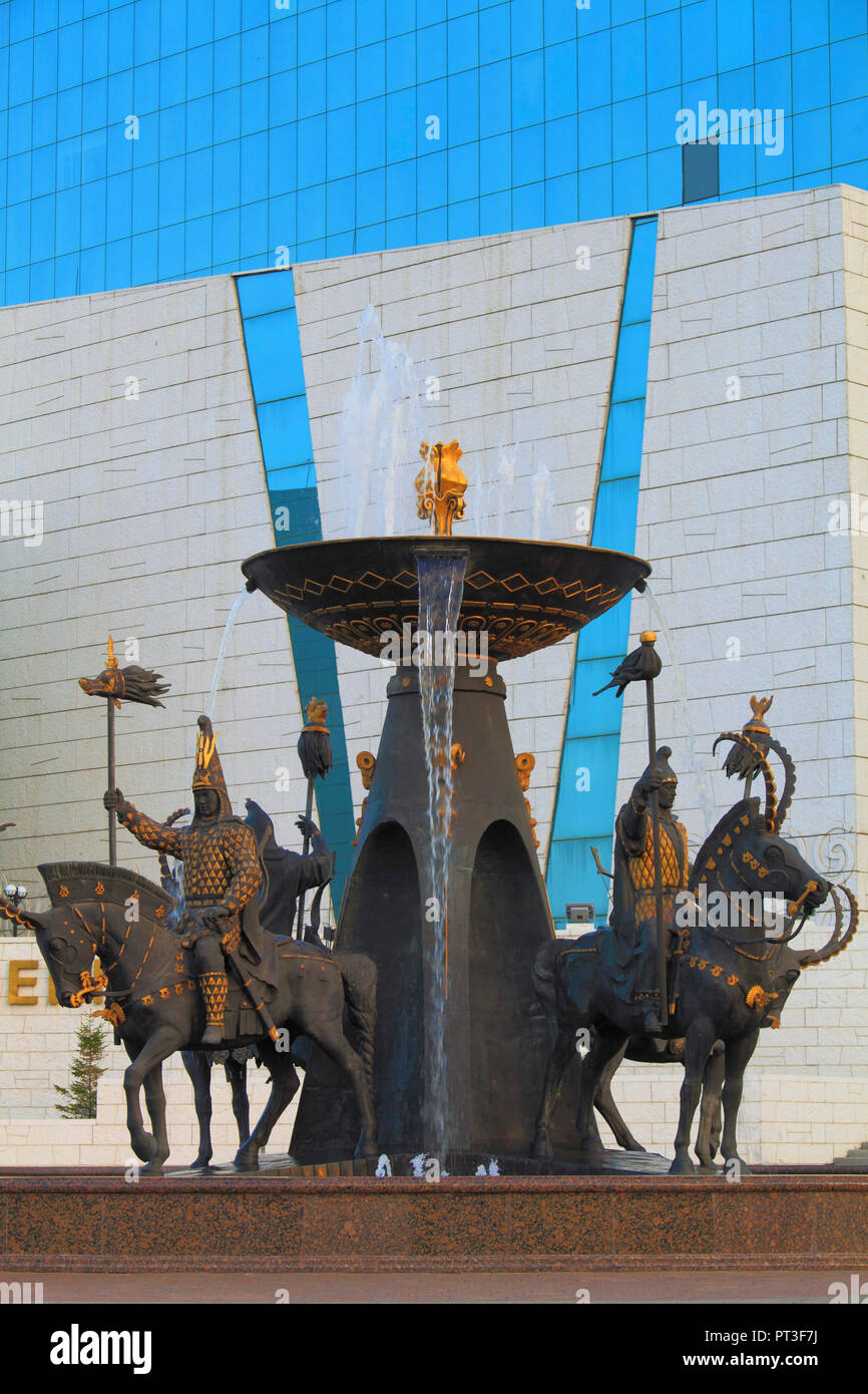 Kazakhstan; Astana; fountain, kazakh warriors statue, National Museum ...