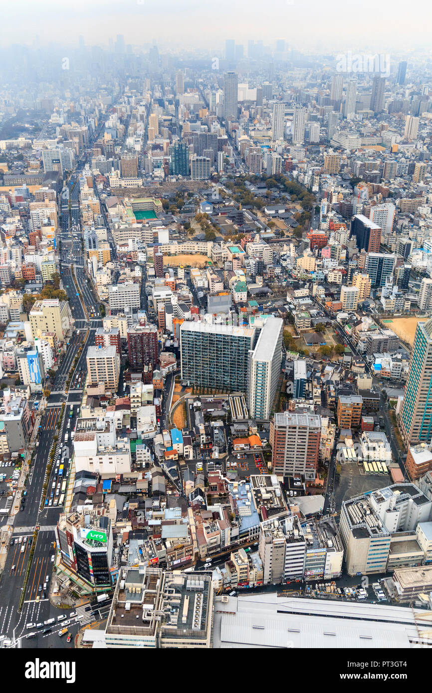 Aerial view of Osaka City and temple complex from the 300 meter high ...