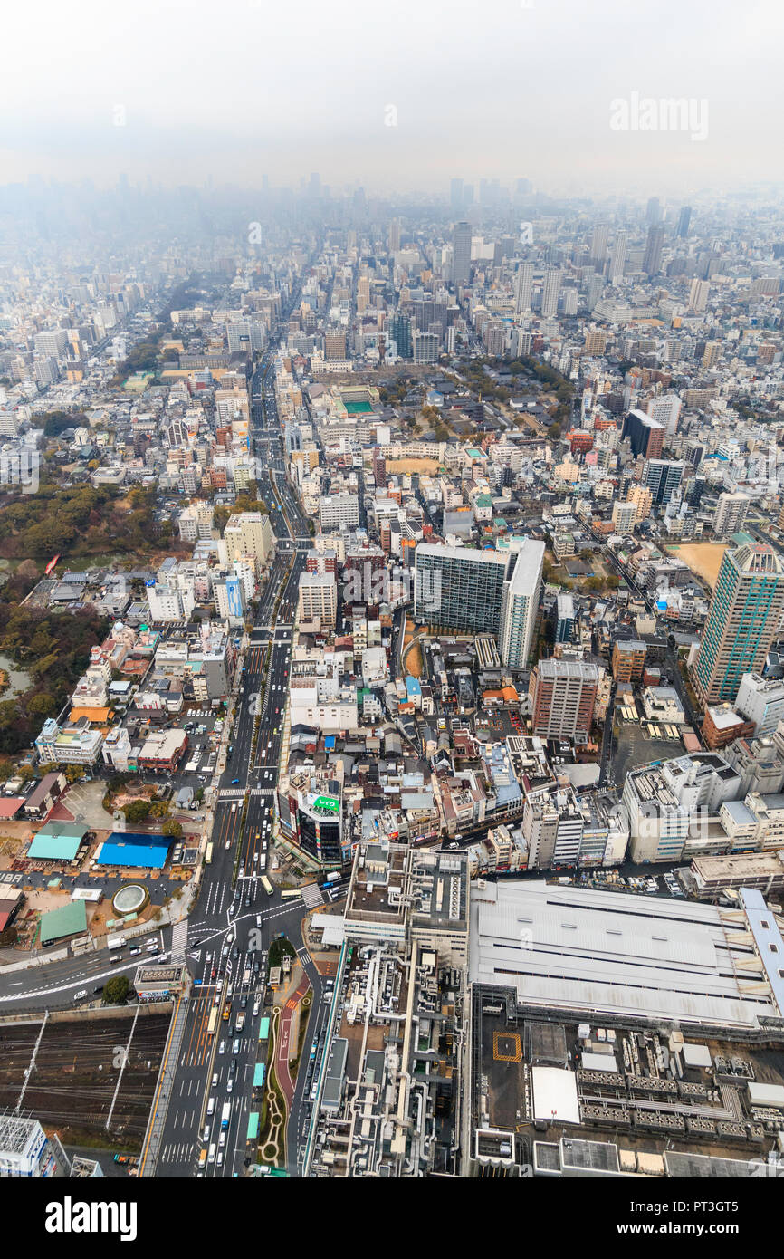 Aerial view of Osaka City and temple complex from the 300 meter high ...
