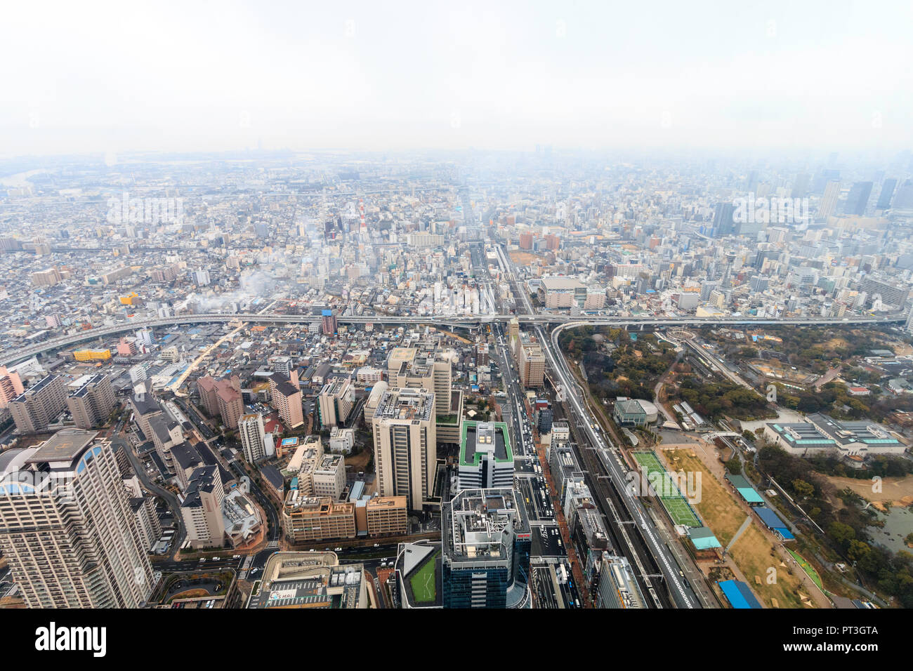 Aerial view of Tennoji and Osaka City from the 300 meter high Abstract ...