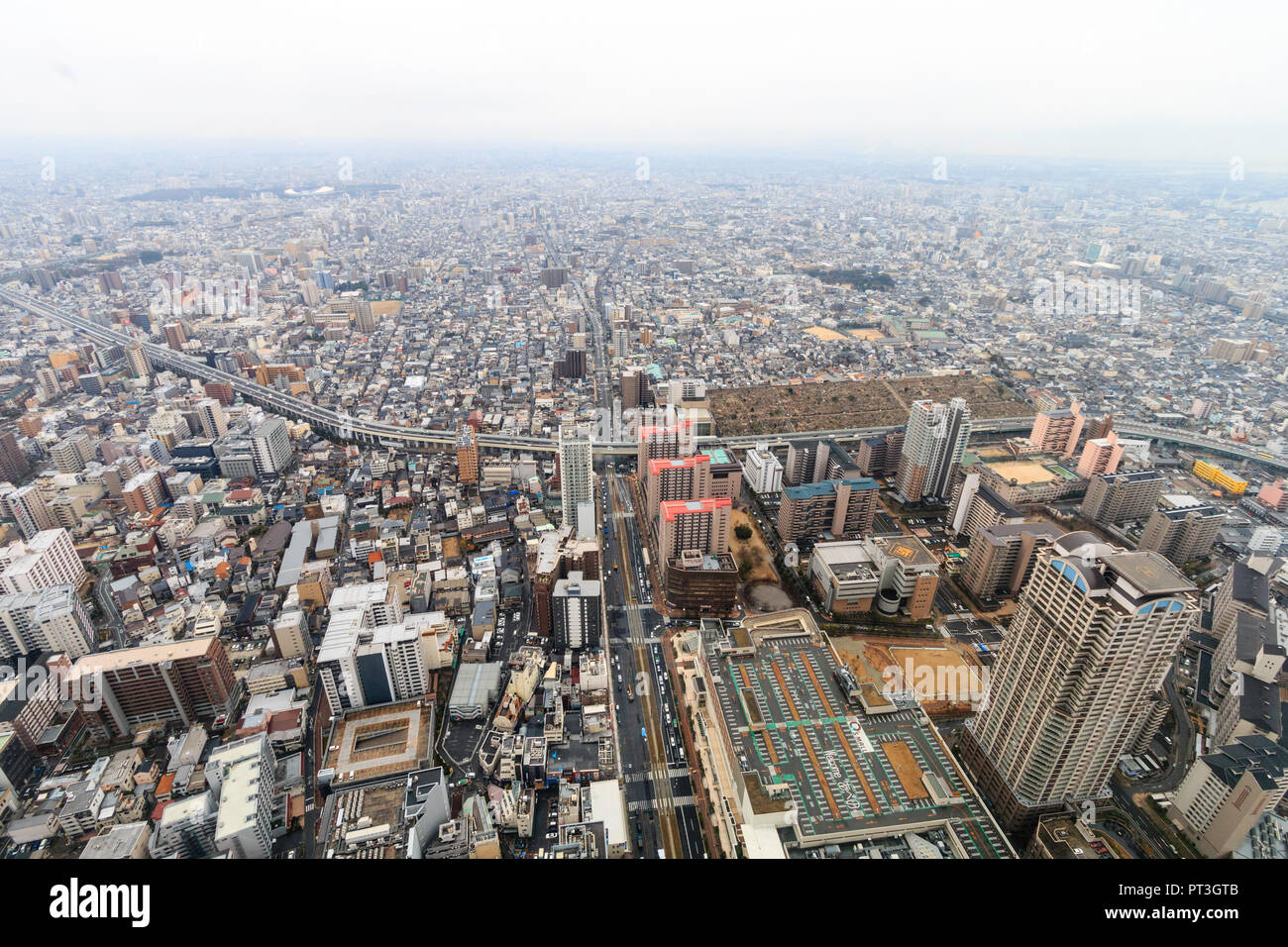 Aerial view of Tennoji and Osaka City from the 300 meter high Abstract ...