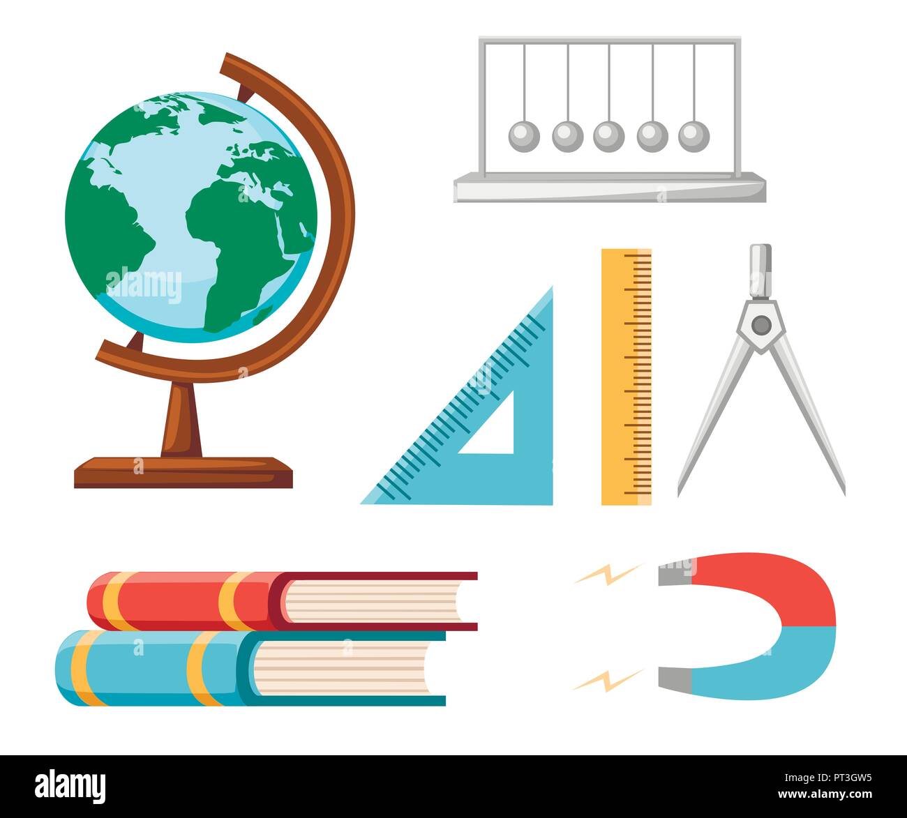 Educational supplies collection. Books, ruler, compass, globe, magnet ...